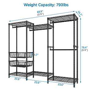 VIPEK V10 Wire Garment Rack Heavy Duty Clothes Rack, Freestanding Closet Wardrobe Metal Clothing Rack with 2 Slid Baskets, 68.9" L x 15.7" W x 76.4" H, Max Load 790lbs, Black