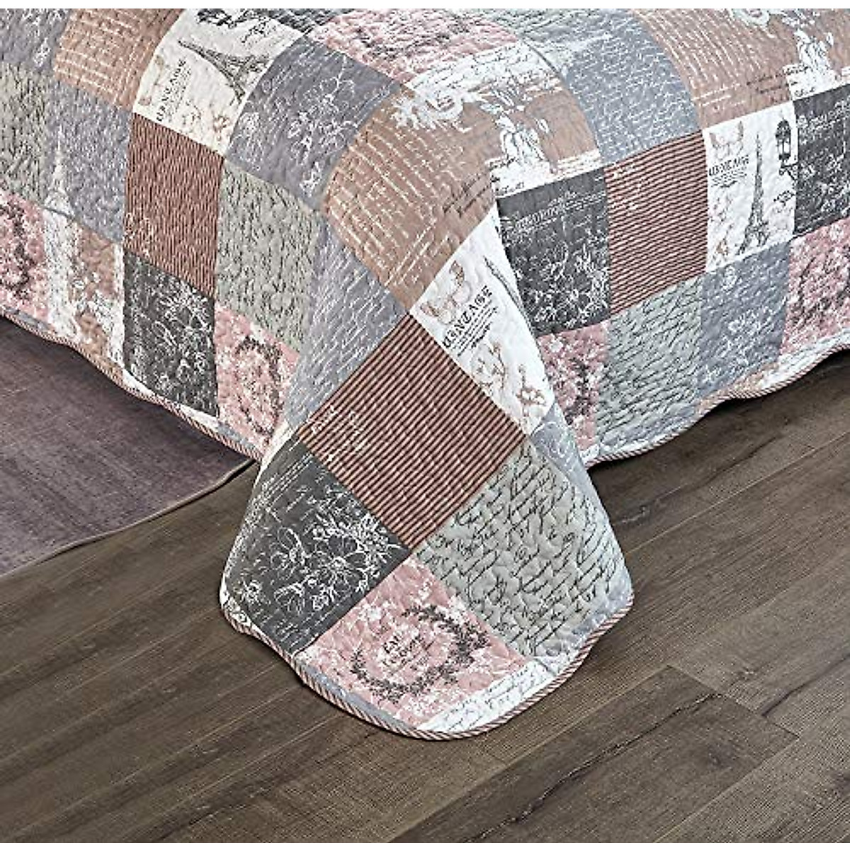 Brilliant Sunshine Latte Grey Paris and Toile Floral Patchwork, 2-Piece Quilt Set with 1 Sham, Reversible Bedspread, Soft Lightweight Coverlet, All-Season, Twin, Latte Grey