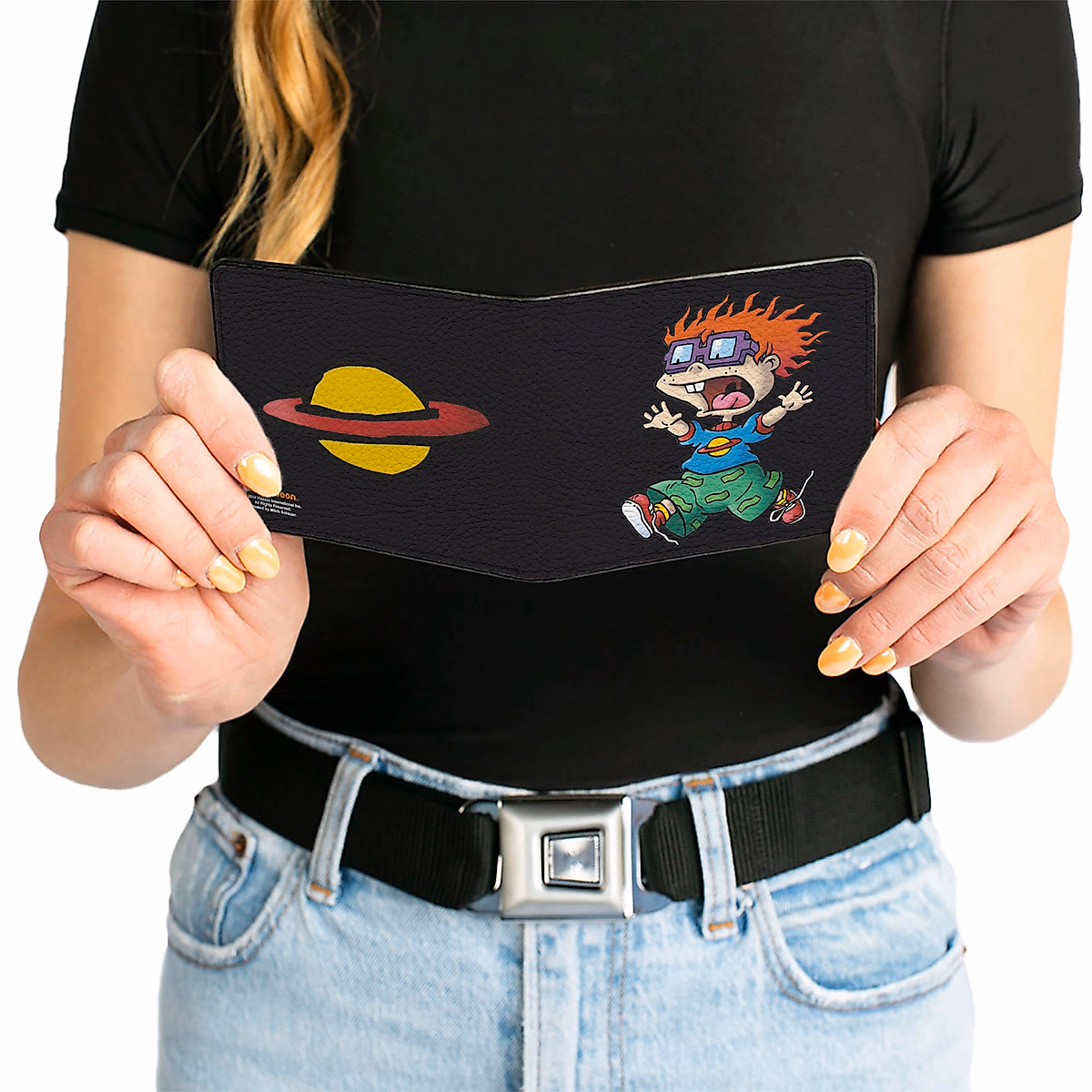 Rugrats Men's Buckle-Down PU Bifold Wallet-Chuckie Running Pose + Saturn Black, Multicolor, 4.0" x 3.5"