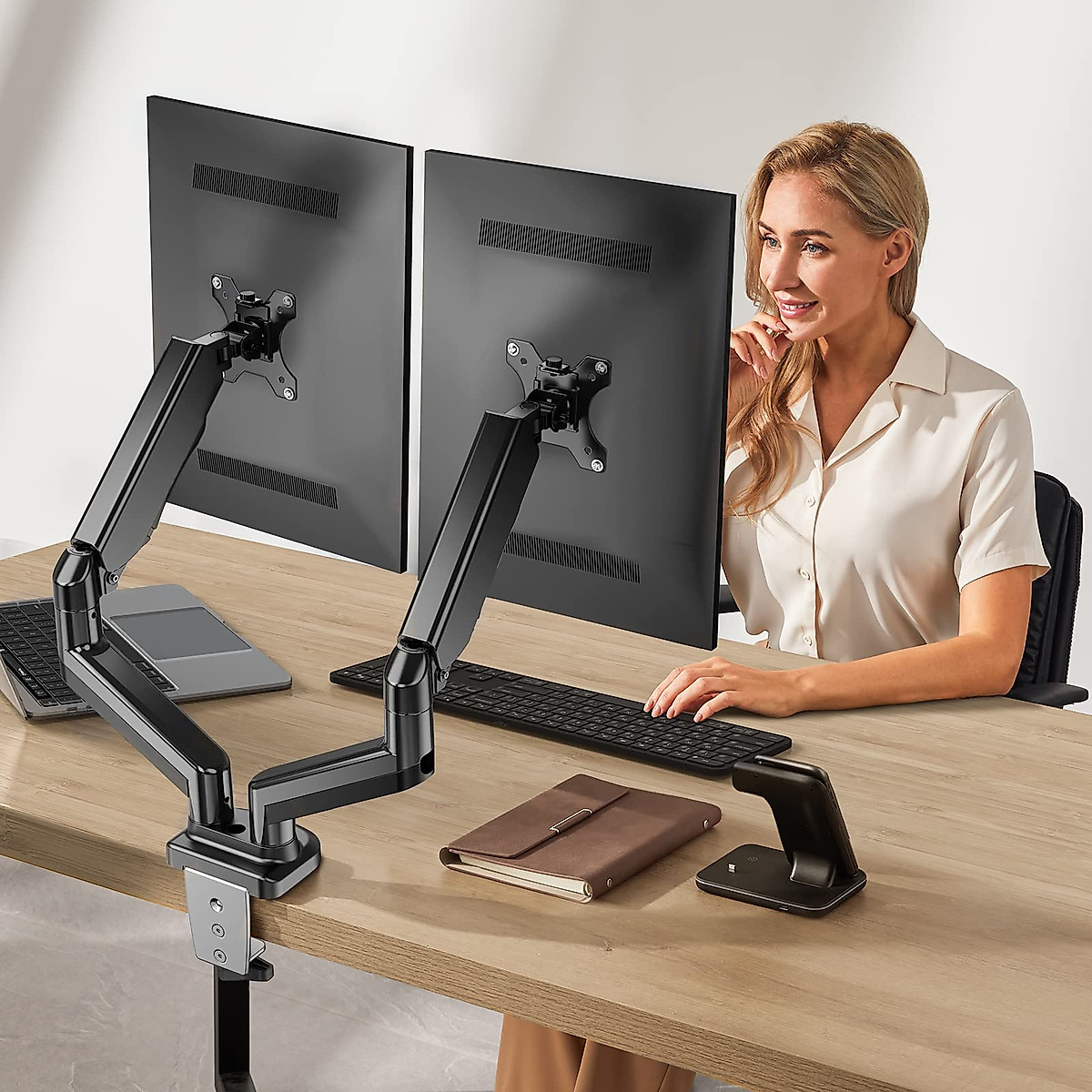 HUANUO Dual Monitor Arm for 13 to 27 inch, Gas Spring Monitor Stands for 2 Monitors Vesa Mount with Clamp/Grommet Base, Computer Dual Monitor Desk Mount for up to 17.6 lbs per Arm