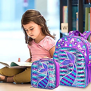 gxtvo 3PCS Mermaid Backpack for Girls, 16" Sequin Prechool Elementary Bookbag and Lunch Box