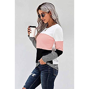 SMENG Womens Long Sleeve Tops Fashion Fall Clothes 2024 Pink Shirts for Women Waffle Knit Cute Casual Striped Patchwork Blouses Pink L