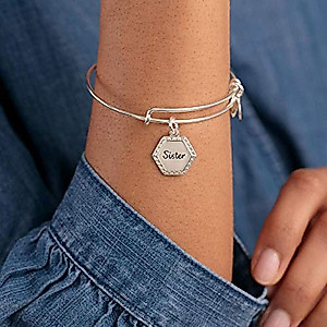 Alex and Ani Because I Love You Sister Expandable Wire Bangle Bracelet for Women, Woven Together Charm, Shiny Antique Silver Finish, 2 to 3.5 in