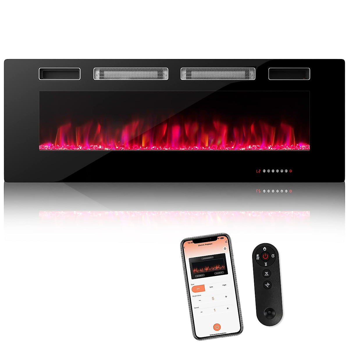 Tangkula 50 inches Electric Fireplace Insert, 3.19 Inches Ultra Thin Recessed & Wall Mounted 1400W Fireplace with Adjustable Flame Color & Speed, 12 H Timer,Remote Control,Touch Screen and WiFi App
