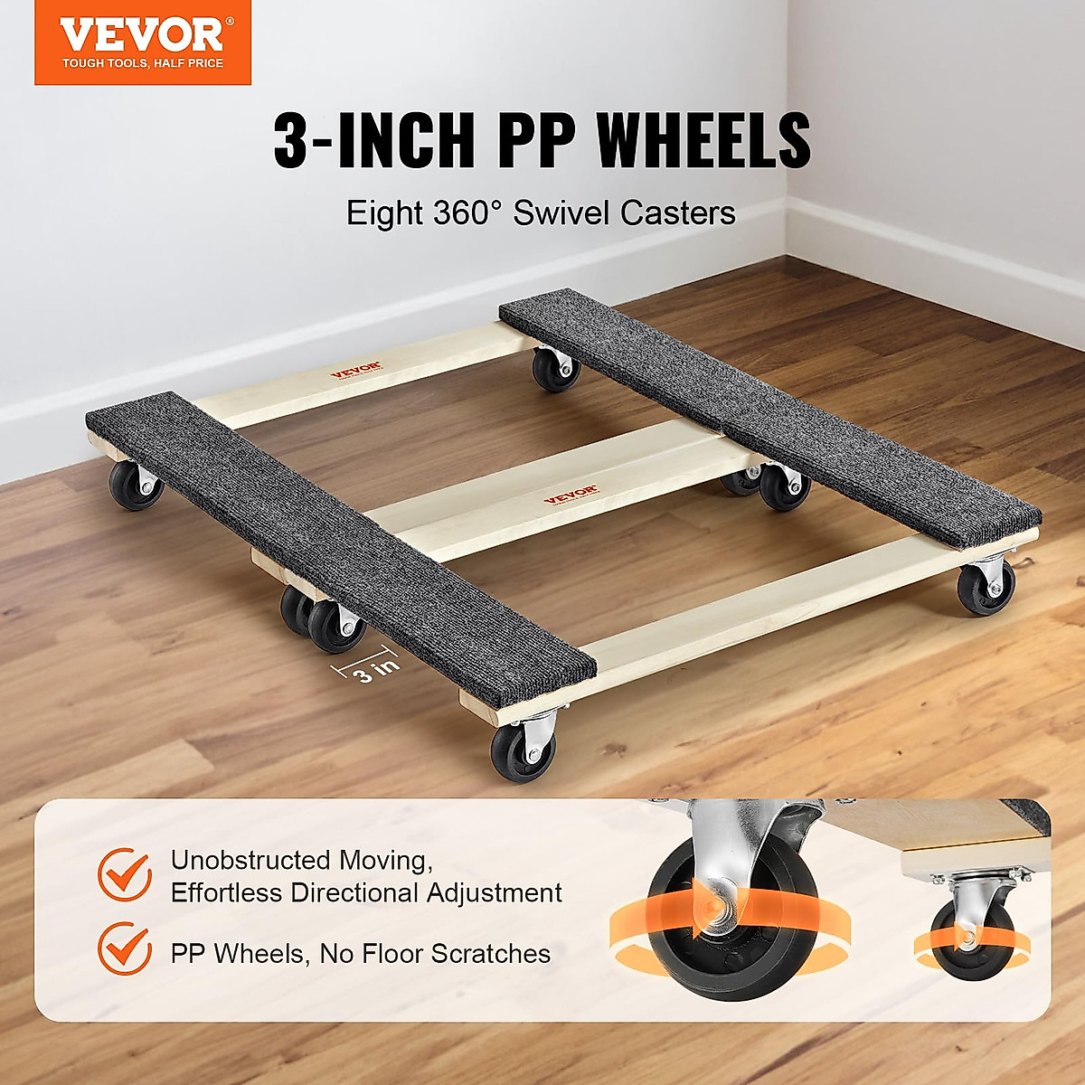 VEVOR Hardwood Furniture Moving Dolly, 30 in. x 18 in. 4 x 3 PP Swivel Casters, Heavy Duty Wooden Mover Dollies, Moving Cart with Wheels for Heavy Furniture, 1000 lbs. Capacity, Two Pack
