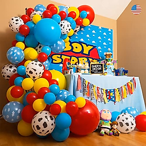 100pc, 4 Sizes – Toy Story Balloons Arch Kit for Boy Story Baby Shower Decorations Theme – Toy Story Balloon Garland Kit with Cloud & Cow Toy Story Balloons for First Toy Story Birthday Party Supplies
