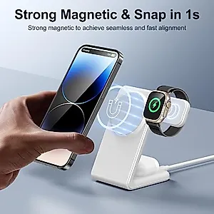 Houflody 3 in 1 Magnetic Wireless Charging Station, Wireless Charger for Magsafe with PD 20W Adapter for iPhone 15 14 13 12/Pro/Pro Max/Plus/Mini, Apple Watch Ultra/SE/9 to 2, AirPods 3/2/pro, White