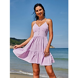ZAFUL Women's Casual V Neck Summer Mini Dress Spaghetti Strap A-Line Short Dresses Backless Solid Color Sundress (A-f Purple,L)