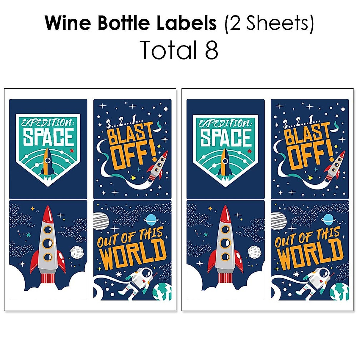 Big Dot of Happiness Blast Off to Outer Space - Mini Wine Bottle Labels, Wine Bottle Labels and Water Bottle Labels - Rocket Ship Baby Shower or Birthday Party Decor - Beverage Bar Kit - 34 Pieces