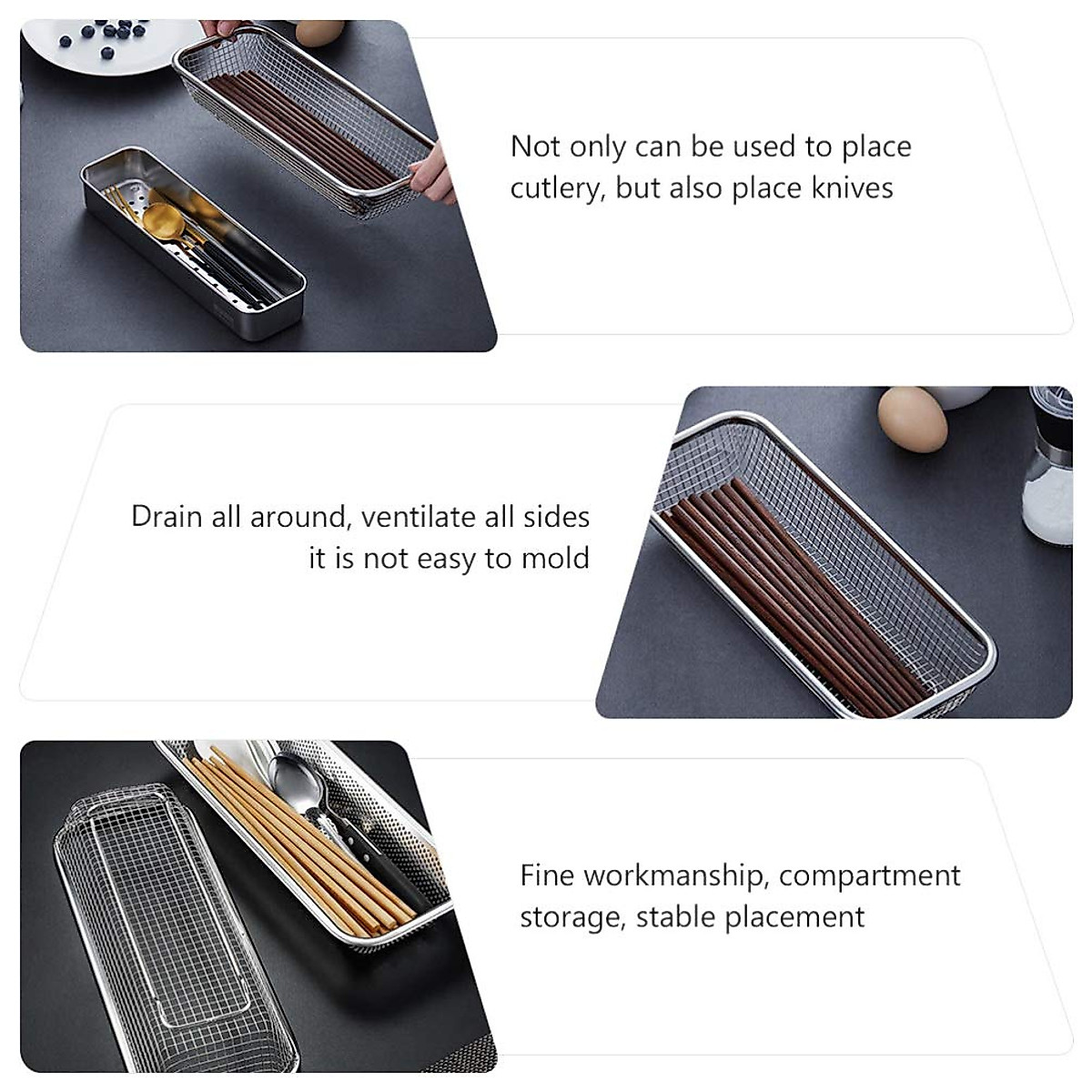 Hemoton Silverware Drainer Basket Utensil Holder Stainless Steel Kitchen Cooking Flatware Hanging Organizer for Spoons Forks Chopsticks Cookware Cutlery Silverware Organizer Countertop