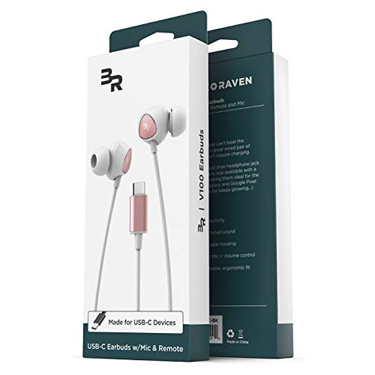 Bolle & Raven USB-C Headphones with Mic, in-Ear Wired Earphones with Inline Remote + Microphone for Type-C Phones Including Pixel 5/6/7 Pro, Galaxy S20/S21/Plus/S22/S23 Ultra (V100 Rose Gold)
