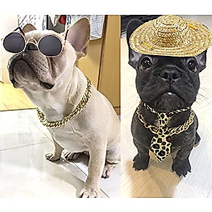 4Pcs Cat Glasses Cat Gold Chain Necktie and Straw Hat, Fashion Cool Pet Sunglasses Adjustable Pet Gold Chain Set Classic Funny Pet Accessories for Cats and Small Dogs