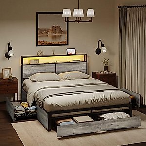 HAUSOURCE Queen Bed Frame with Storage Headboard and 4 Drawers LED Lights Metal Platform Non-Slip Without Noise Mattress Foundation Strong Metal Slats Support No Box Spring Needed,Greige