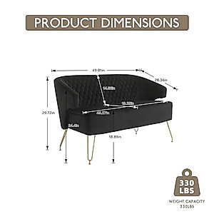 QQU Modern Velvet Loveseat Sofa, Comfy Upholstered Seat Couch with Metal Legs, 2-Seater Accent Sofa Chair, Living Room Sofa with Tufted Backrest, Black