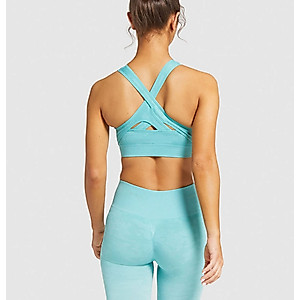 SweatyShark Women's Workout Outfit Set Active 2 Pieces Camo Seamless Yoga Leggings with Paded Sports Bra Racer Back Sky Blue