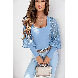 miduo Womens Knit Tops Fashion 2022 Spring Square Neck Swiss Dots Long Puff Gigot Sleeve Ribbed Shirts Tops Sweater Blouses Blue Medium