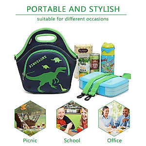 VASCHY Lunch Bag for Kids, Insulated Neoprene Lightweight Lunch Box Bag for Children Boys and Girls School Daycare Kindergarten Dinosaur
