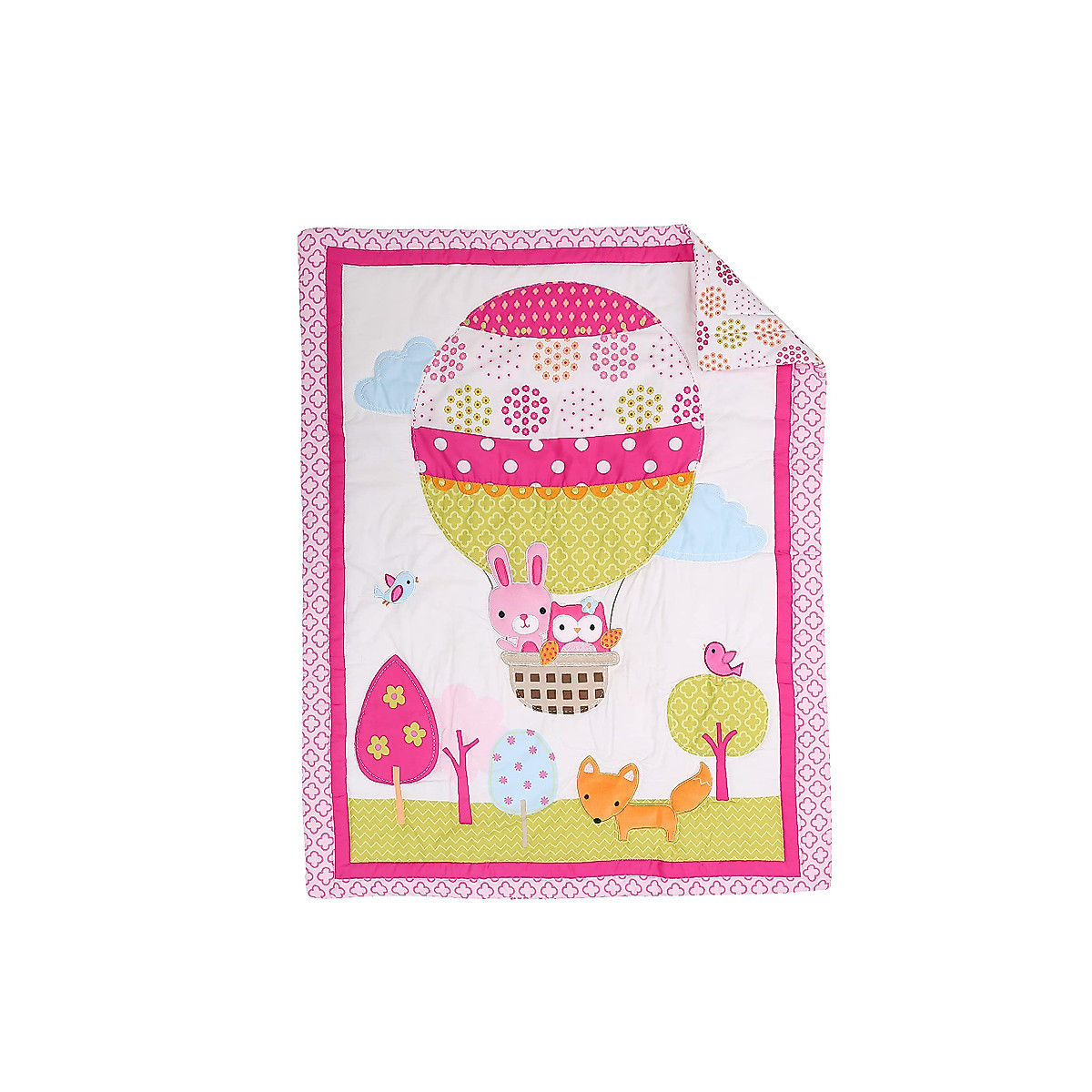 4 PCs Hot Pink Embroidery Rabbit Birds Nursery Crib Bedding Set Quilt Blanket Dust Ruffle Fitted Sheet Baby Girl Bedding Set