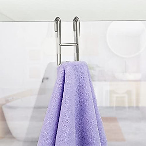 Haitis 2 Pack Over Shower Glass Door Hooks, Polished Silver, SUS 304 Stainless Steel Rack Hooks, Bathroom Frameless Drilling-Free Hanger, for Bathing Suits, Robe, Towel, Squeegee, Loofah, Shaver