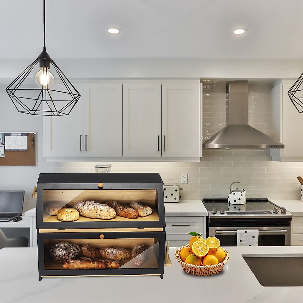 HOMEKOKO Double Oversized Bread Box, Two-layer Extra Large Bread Box for Kitchen Counter, Wooden Large Capacity Bread Storage Bin with Cutting Board (Black)