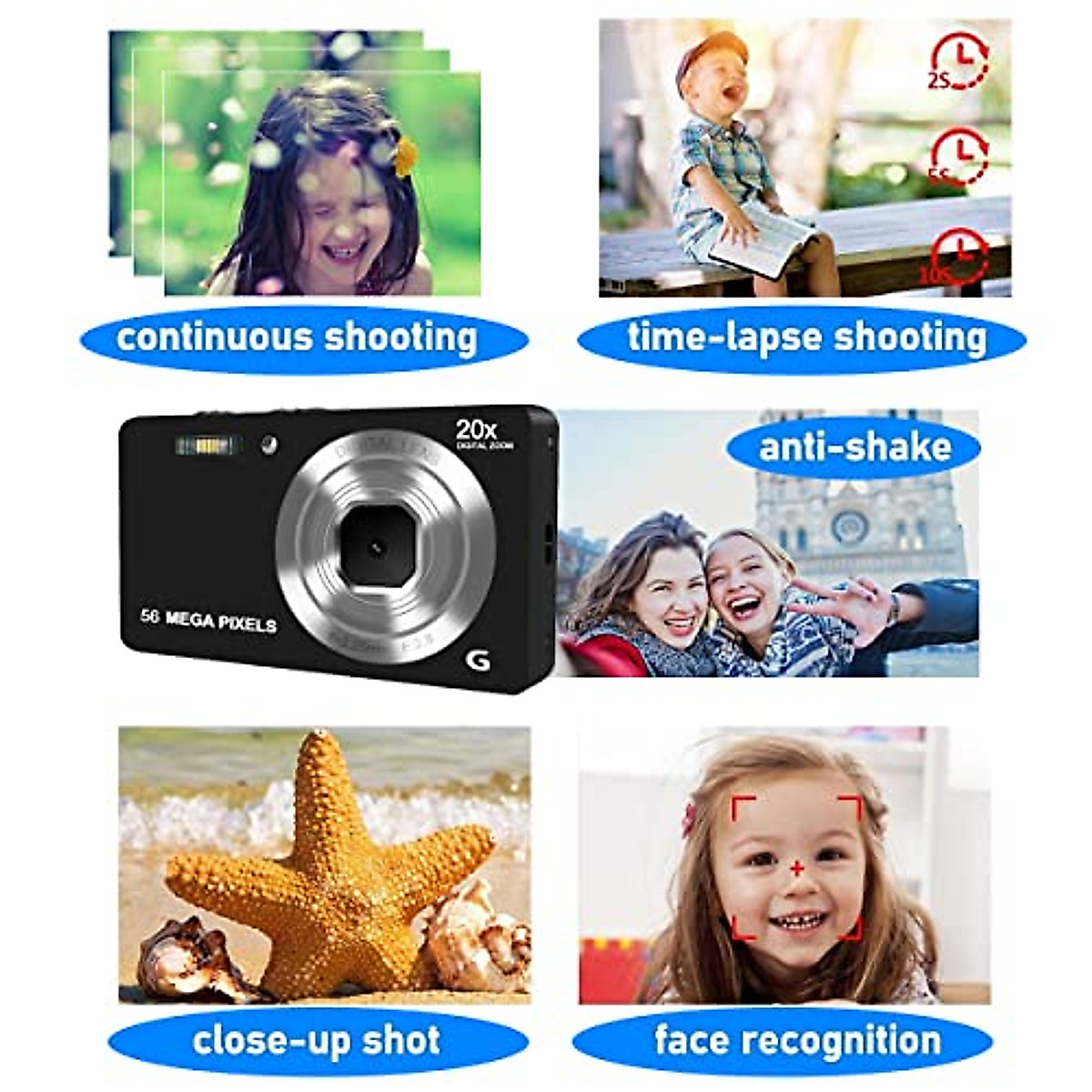 Digital Camera, 4K 56MP Camera for Kids, Small Digital Camera, 20X Digital Zoom Pocket Camera