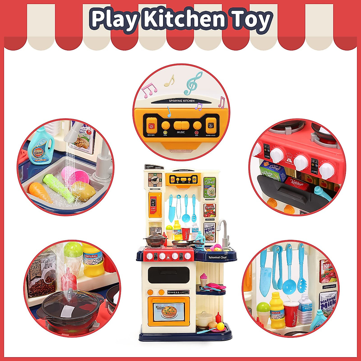 CUTE STONE Play Kitchen, Kids Kitchen Playset with Real Sounds & Lights, Pretend Play Food Toys, Play Sink, Cooking Stove with Steam, Toddler Kitchen Toy Gift for Boys and Girlis (Blue)