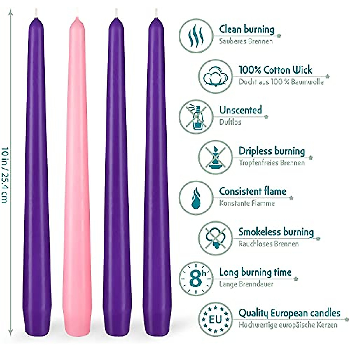 BRUBAKER 4 pcs Advent Candles Purple and Pink - 10 Inch Taper Candles for Christmas, Church and Celebrations - Unscented and Dripless - Made in Europe
