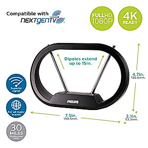 Philips Modern Loop Rabbit Ears Indoor TV Antenna, 15 inch Extendable Dipoles, 4K 1080P VHF UHF, Tabletop Antenna, Digital HDTV Antenna, Smart TV Compatible, 4ft Coaxial Cable, Black, SDV7114A/27