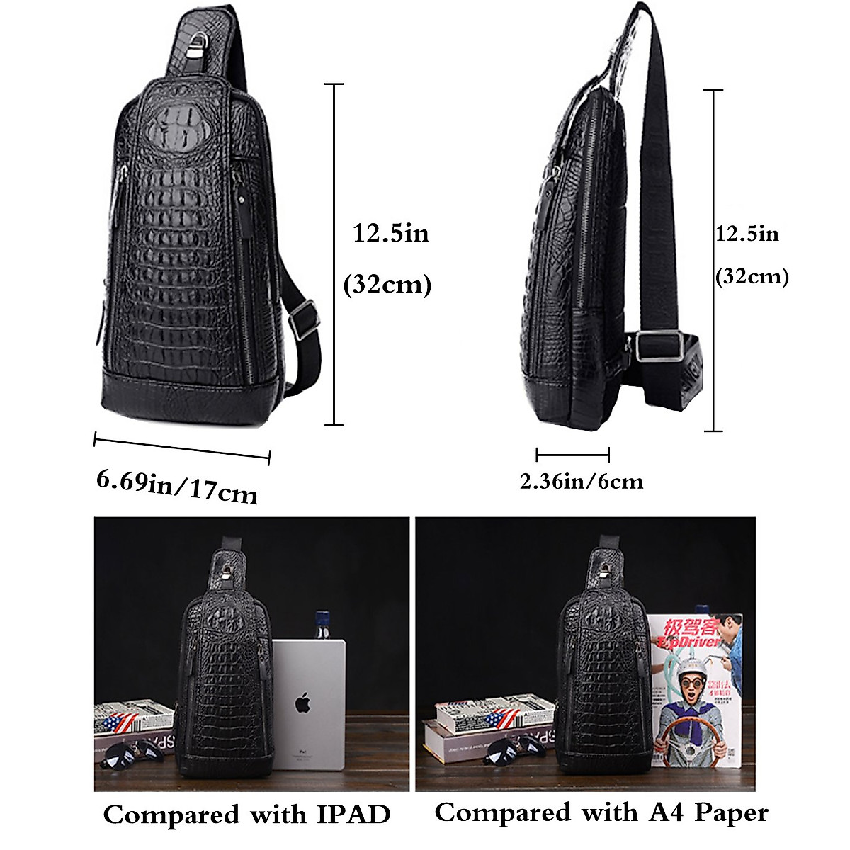 FiveloveTwo Mens Sling Bags Crocodile PU Leather Multipurpose Outdoor Shoulder Chest Bag Satchels Hiking Daypack Brown