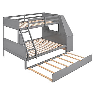 Twin Over Full Bunk Beds with Trundle and Desk Wood Bunk Bed Frame with Three Storage Drawers and One Shelf for Kids Boys Girls Teens, Gray