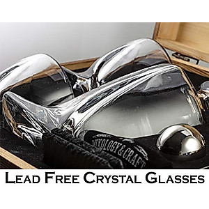 Mixology Glass & Whiskey Stones Set – two 10oz Glasses w/ 2 Stainless Steel Balls, Decanter & Wooden Box