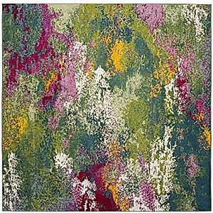 SAFAVIEH Watercolor Collection 6'7" Square Green / Fuchsia WTC697C Colorful Boho Abstract Non-Shedding Living Room Bedroom Dining Home Office Area Rug