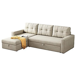 Ball & Cast 81.5" Convertible Sectional Sleeper Sofa, L-Shaped Upholstered Pull Out Couch Bed with Storage Recliner & Removable Back Cushions, Beige