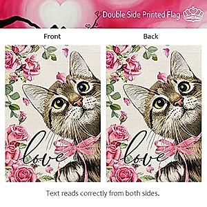 CROWNED BEAUTY Valentines Day Cat Garden Flag 12x18 Inch Double Sided for Outside, Pink Roses Love Yard CF687-12