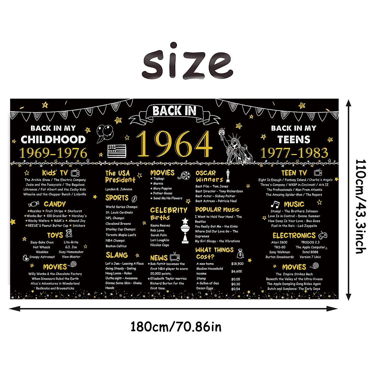 DARUNAXY 60th Birthday Black Gold Party Decoration, Back in 1964 Banner Cheers to 60 Years Old Birthday Party Poster Supplies, 6 * 3.6FT Vintage 1964 Backdrop Photography Background for Men and Women