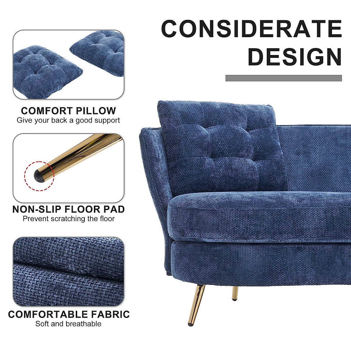 TXFTRR Velvet Loveseat, Upholstered Armless Sofa with Curved Backrest and 2 Pillows, Compact Couch and Loveseat with Golden Legs and Non-Slip Floor Pads, Unique Couch for Small Spaces (Blue)