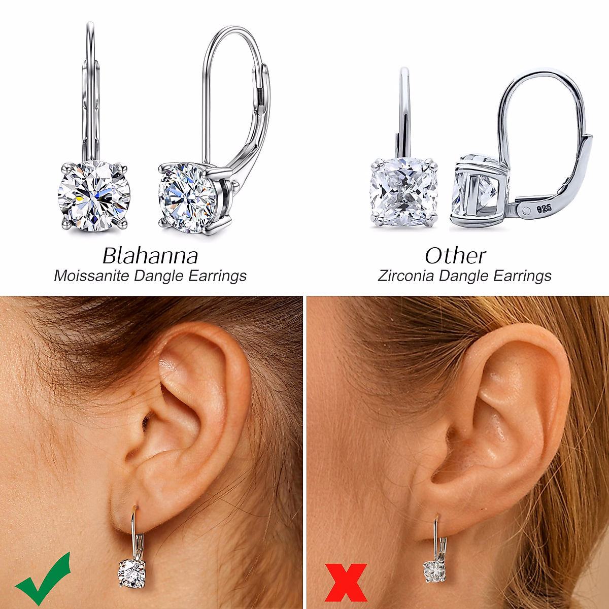 Blahanna Moissanite Earrings,1.0ct-2.0ct D Color Brilliant Round Cut Lab Created Diamond Earrings 18K White Gold Sterling Silver Dangle Earrings Moissanite Leverback Drop Earrings