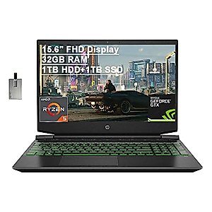 2021 HP Pavilion 15.6" FHD Gaming Laptop Laptop Computer, AMD Ryzen 5-4600H, 32GB RAM, 1TB HDD+1TB SSD, Backlit Keyboard, B&O Audio, HD Webcam, GeForce GTX 1650, Win10, Black, 32GB USB Card