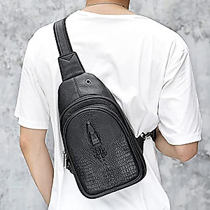 NIUCUNZH Crocodile Leather Sling Bag with Leather Strap, 3 Zipper Crossbody Shoulder Bags for Travel Hike Everyday Carry Black