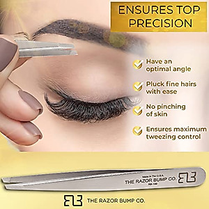 Razor Bump Co. Professional Micro Slant Tweezer, made in USA, Best Precision Tweezers for Eyebrows, Chin Hair, Ingrown Hair Removal – Surgical Grade, Rustproof, Non-Irritating Stainless Steel