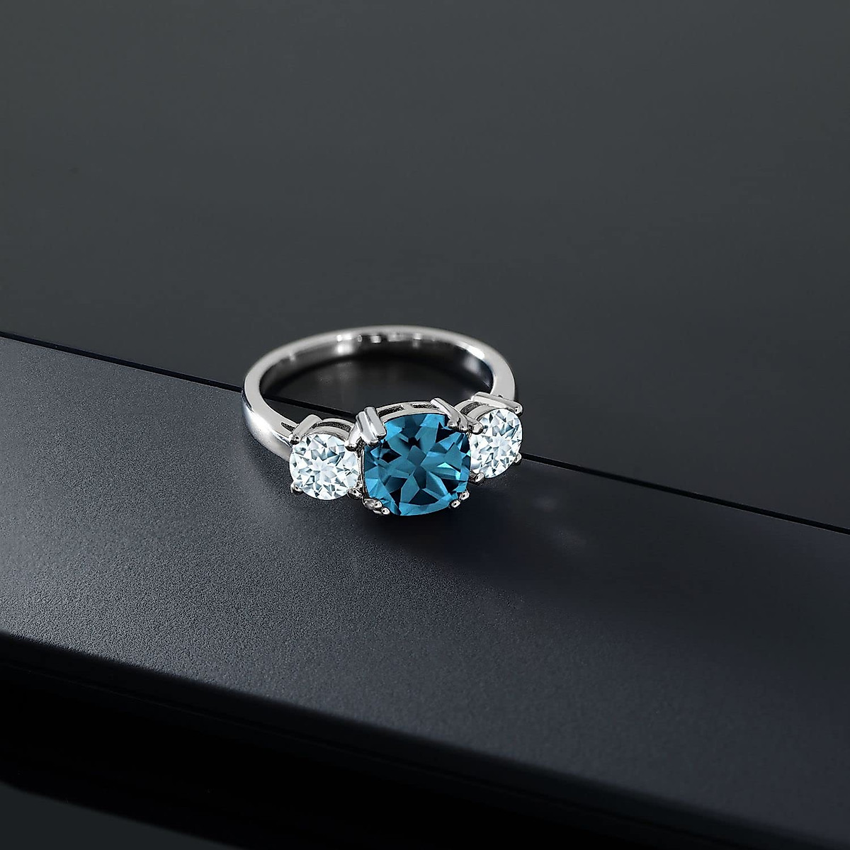 Gem Stone King 925 Sterling Silver London Blue Topaz and Sky Blue Aquamarine 3 Stone Engagement Ring For Women (3.54 Cttw, Gemstone November Birthstone, Cushion 8MM, Size 6)