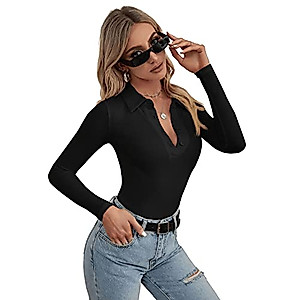 Verdusa Women's Casual Polo Neck Long Sleeve Ribbed Knit Button Up Tee T Shirt Top Black S