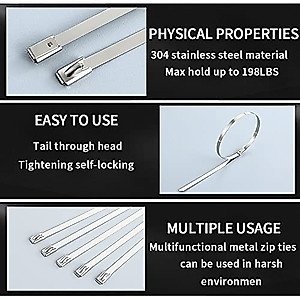 Metal Zip Ties 11.8 inch 100pcs 304Stainless steel Heavy duty Multi-purpose Self-locking Cable Ties Suitable for in machinery, vehicles, farms, pipes, roofs,cables, as well as Outdoor binding