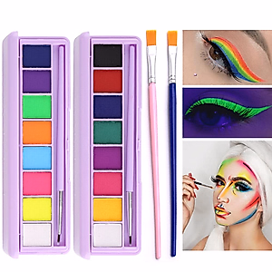 16 Colors Neon Face Paint Liner Makeup Water Activated Eyeliner Palette UV Glow Longlasting Fluorescent Face & Body Paint with Brush for Halloween Christmas