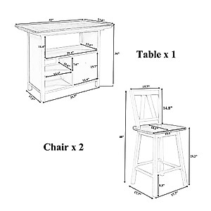 Merax Farmhouse 3-Piece Wooden Kitchen Counter Height Dining Table Set with Storage Cabinet and Shelves for Small Places, Walnut+Distressed White