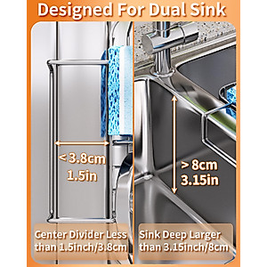 SWTYMIKI Sponge Holder for Kitchen Sink with Partition, Movable Kitchen Sink Caddy with Compact Size Rustproof and Waterproof Hanging Sink Sponge Caddy for Double Bowl Sinks, Silver
