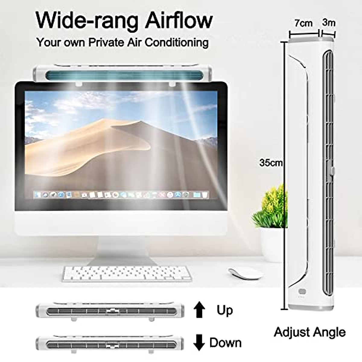 DauMeiQH Office Desk Monitor Screen Fan, Bladeless Tower Standing Fan Bar for Bedroom, 4000mAh Battery Powered Table Top Cooling Stand up Tall Fan with USB-C Charging Cable, 12 inch Air Outlet- White