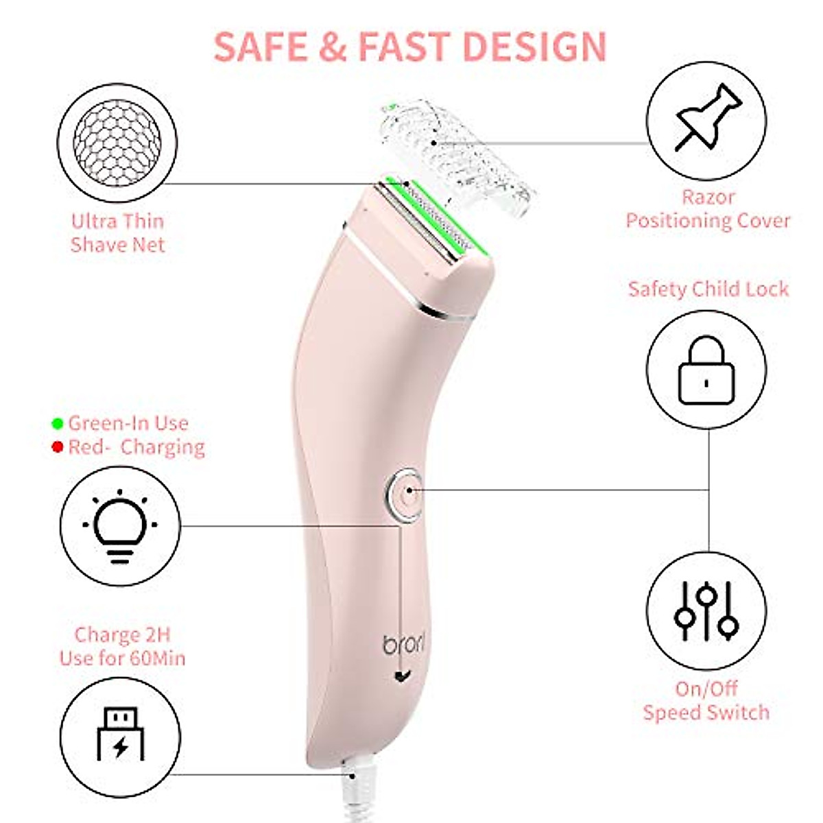 Electric Razor for Women brori Shavers Bikini Trimmer Body Hair Removal 3 in 1 Rechargeable Wet & Dry Painless Cordless for Legs and Underarms, with 2 Speed Childproof Lock