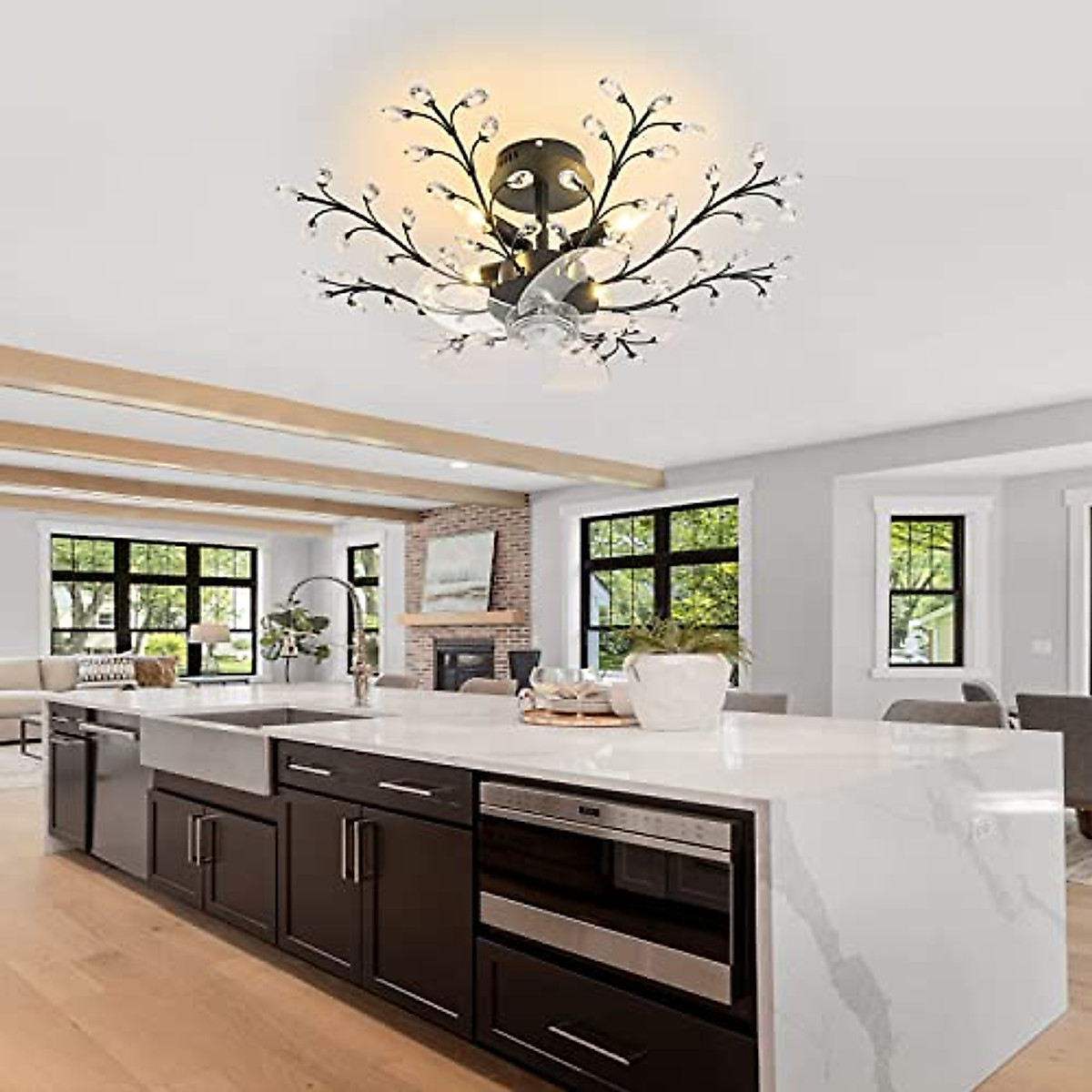 teyeard 31'' Ceiling Fans with Lights, Modern Crystal Flower Bladeless Ceiling Fan and Remote, 6 Speeds and Timing Low Profile Ceiling Fan with Lights for Bedroom Living Room