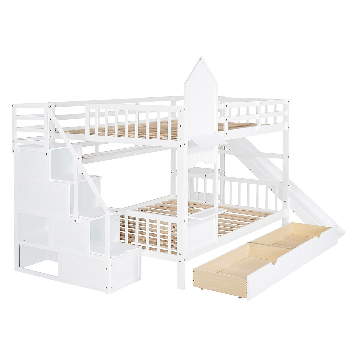 BIADNBZ Full Bunk Bed with Storage Stairs and Slide, 2 Drawers&3 Shelves, Multifunctional Wooden Low Bunkbed Frame, for Kids Teens Boys Girls Bedroom, White